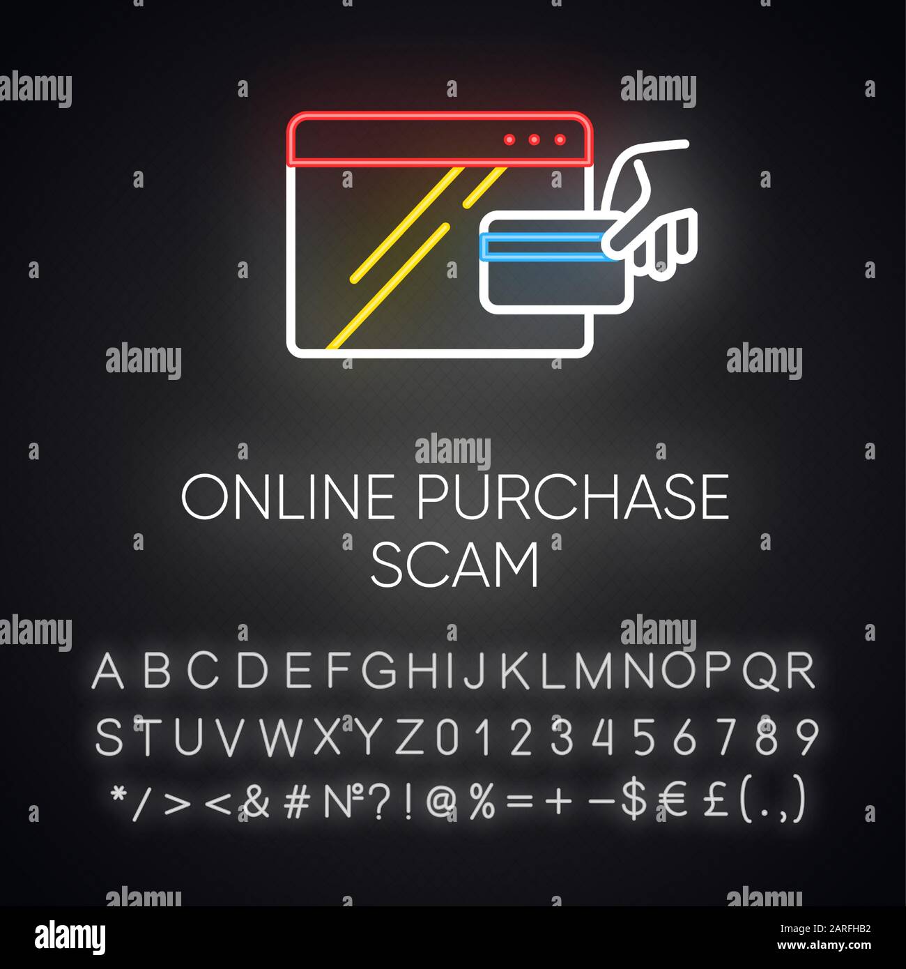 Online purchase scam neon light icon. Internet shopping, consumer fraud ...