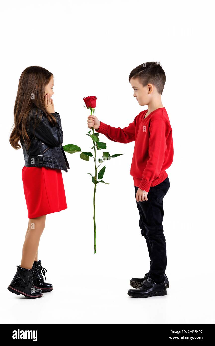 little boy in a red sweater giving a red rose to fashionable child girl ...