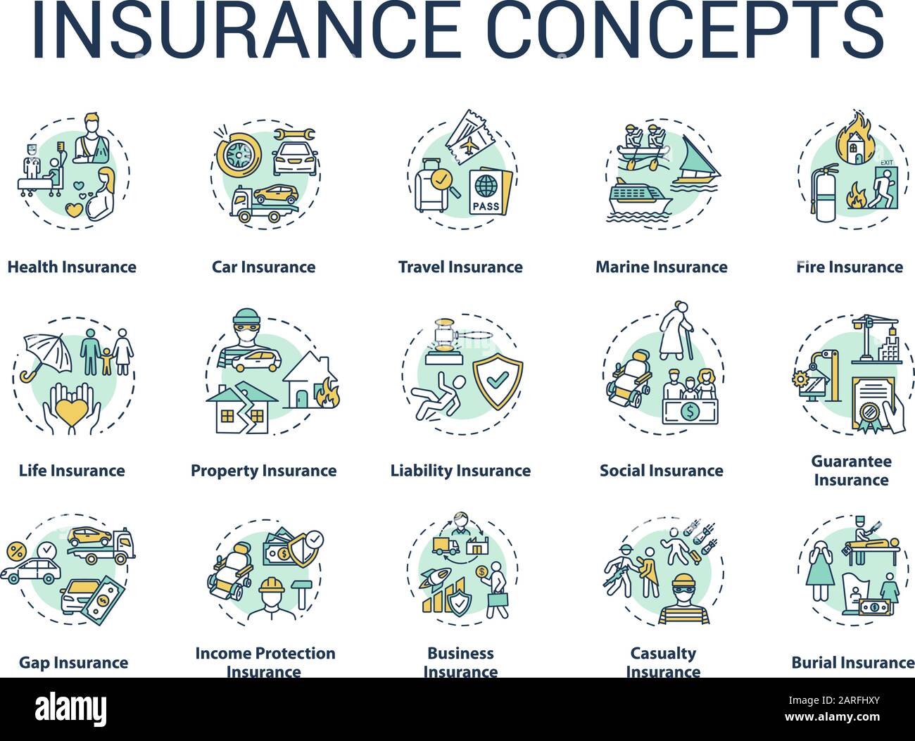 Insurance concept icons set. Protection from financial loss. Legal ...
