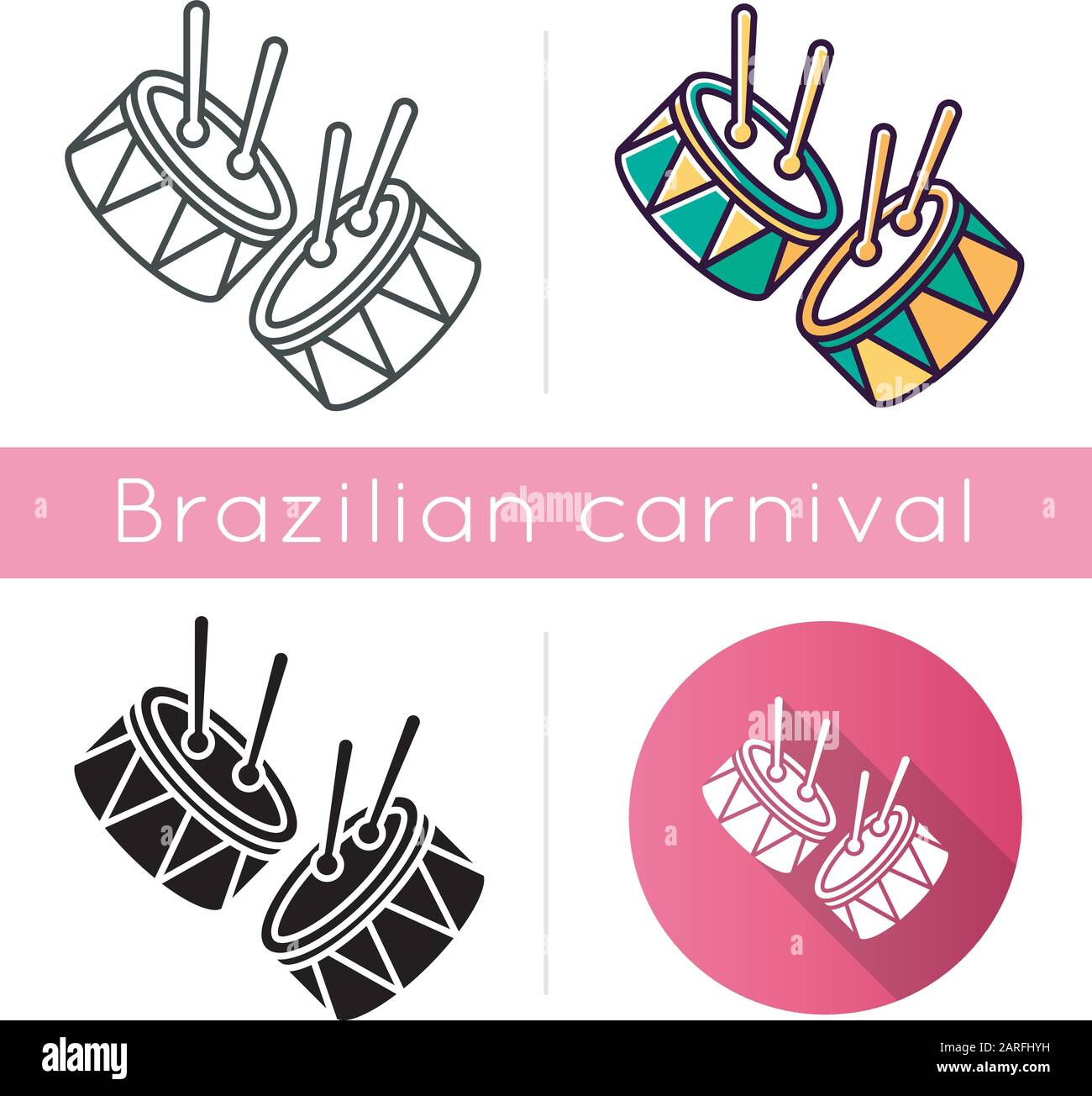 Drums with drumsticks icons set. Linear, black and RGB color styles ...