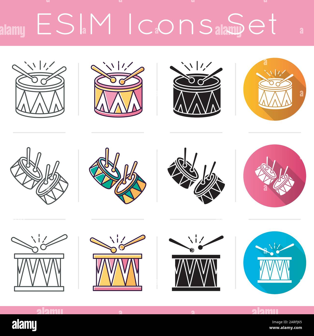 Brazilian music icons set. Drums with drumsticks. Linear, black and RGB ...