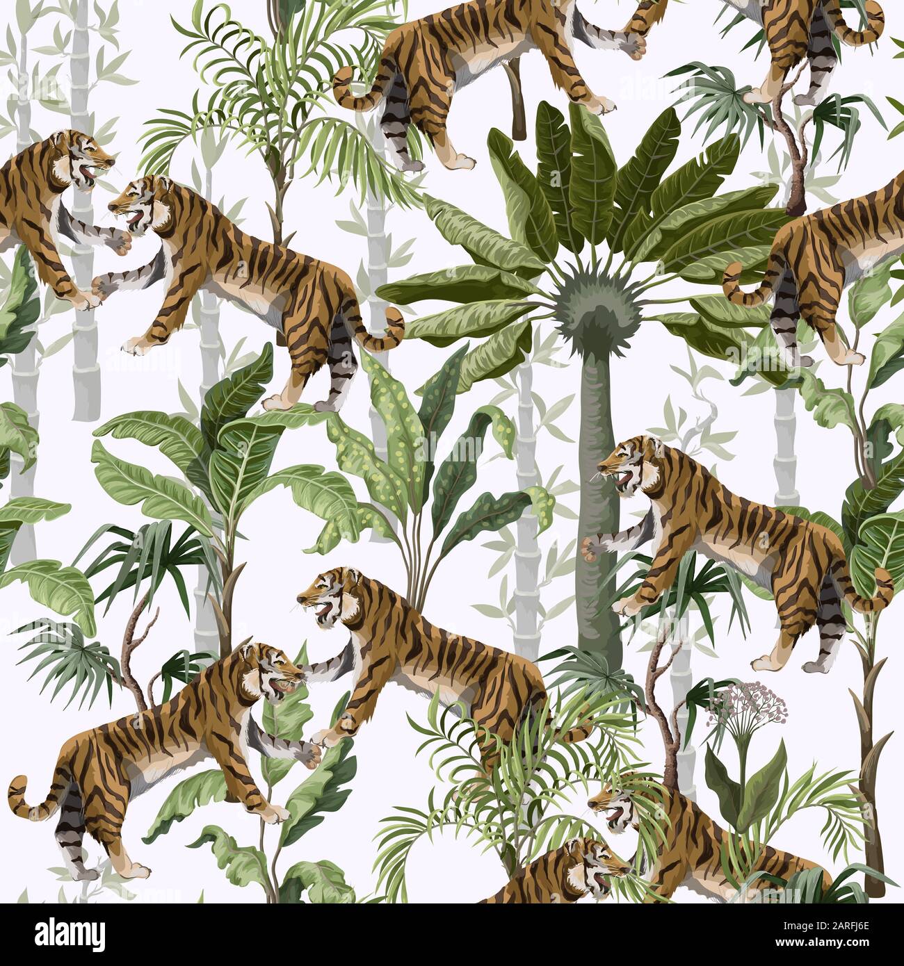 Seamless pattern with tigers and tropical trees. Vector Stock Vector ...