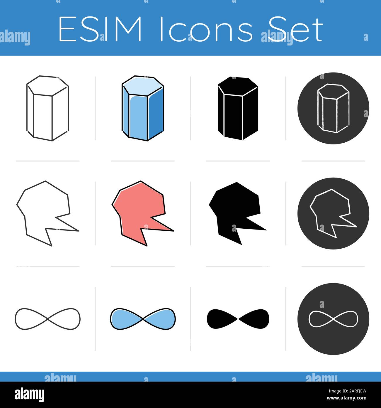 Geometric figures icons set. Prism with hexagon base. Spot with sharp ...