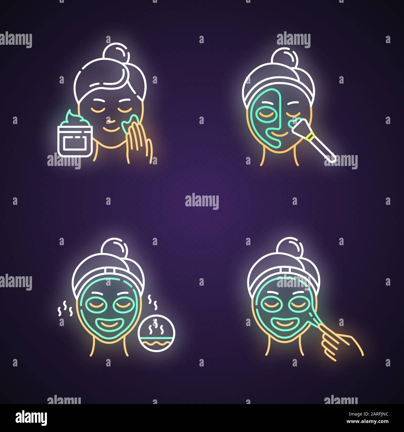 Skin care procedures neon light icons set. Applying exfoliating cream ...