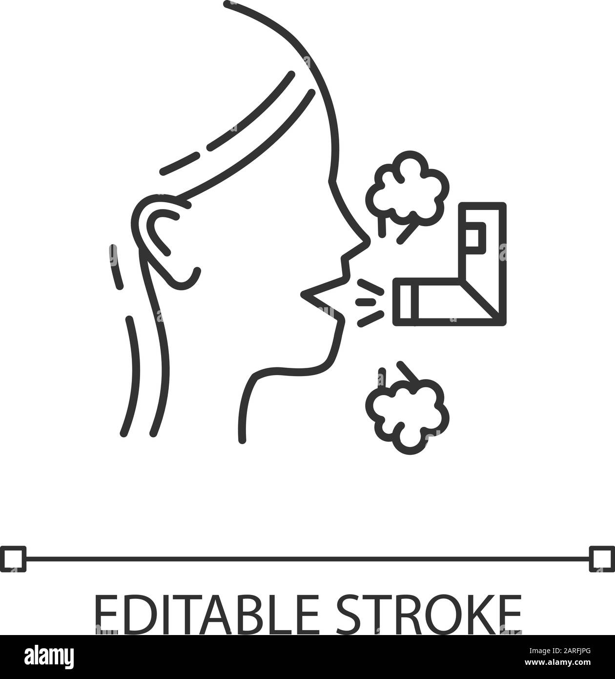 Inhalation linear icon. Respiratory treatment. Asthma help. Sick girl ...