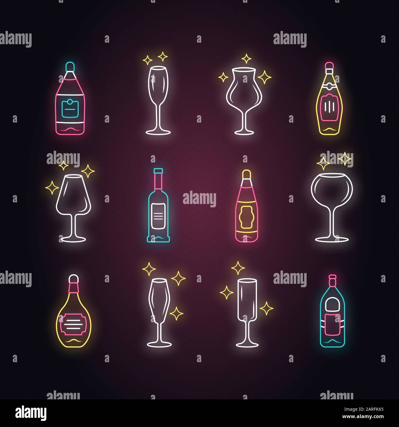 Alcohol drink glassware neon light icons set. Wine service elements ...