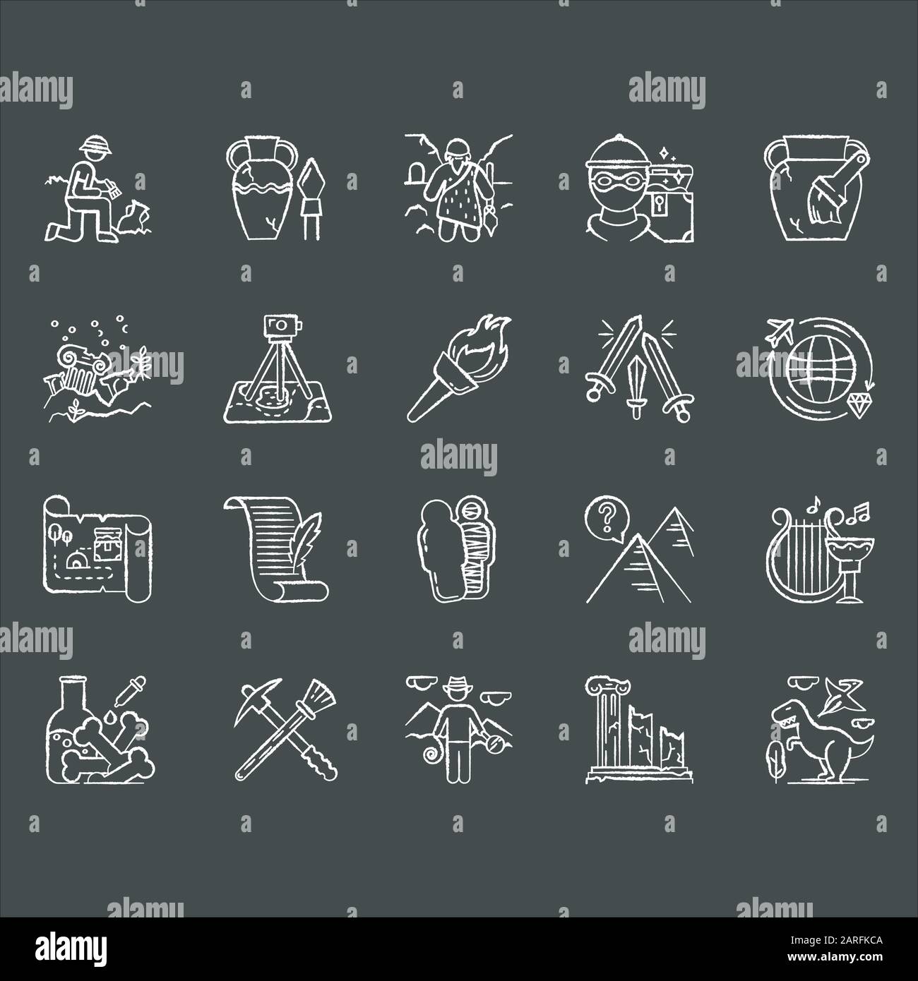 Archeology chalk icons set. Researcher on excavation. Ancient artifacts ...