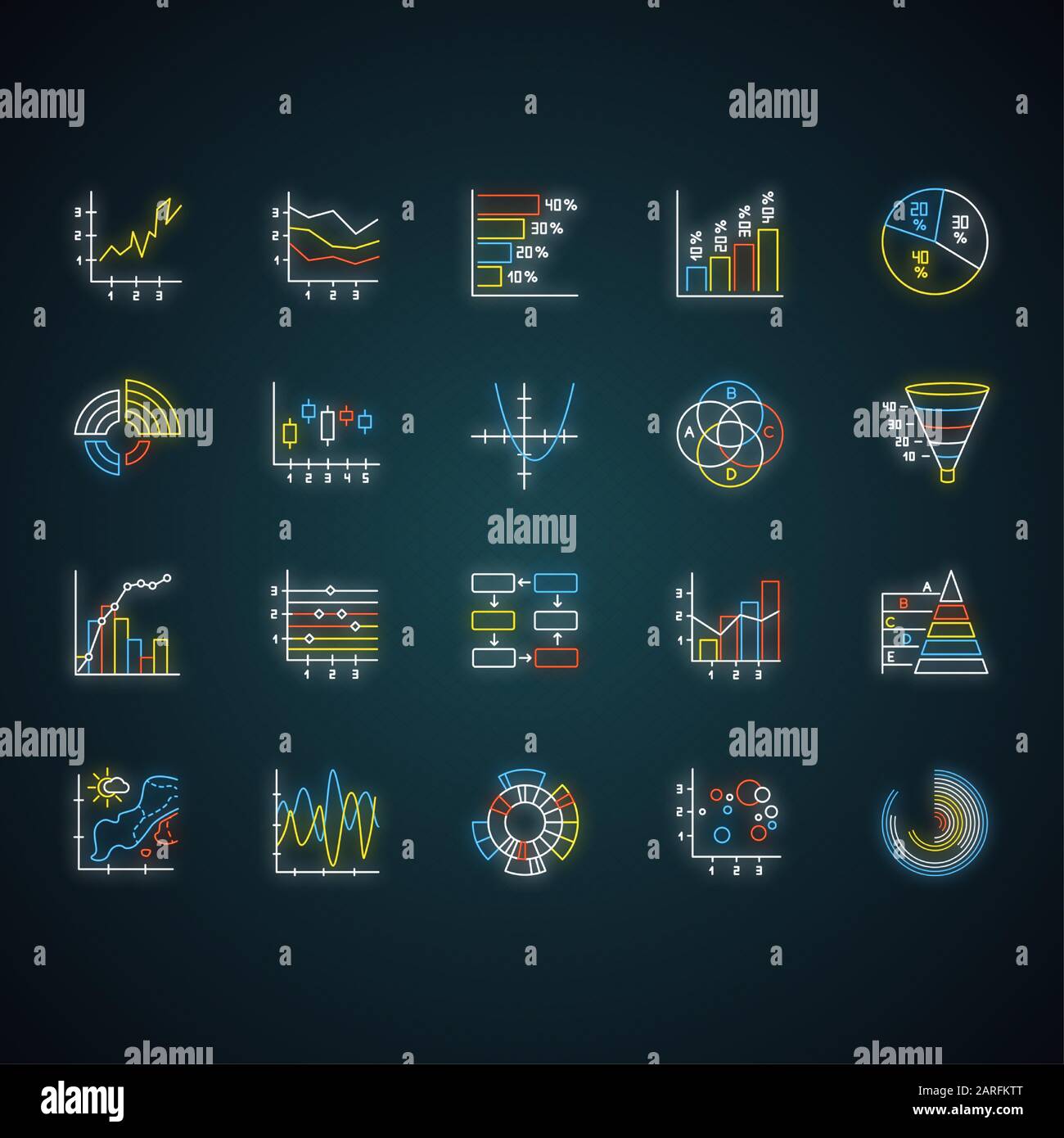 Chart and graph neon light icons set. Pie diagram. Histogram. Area ...