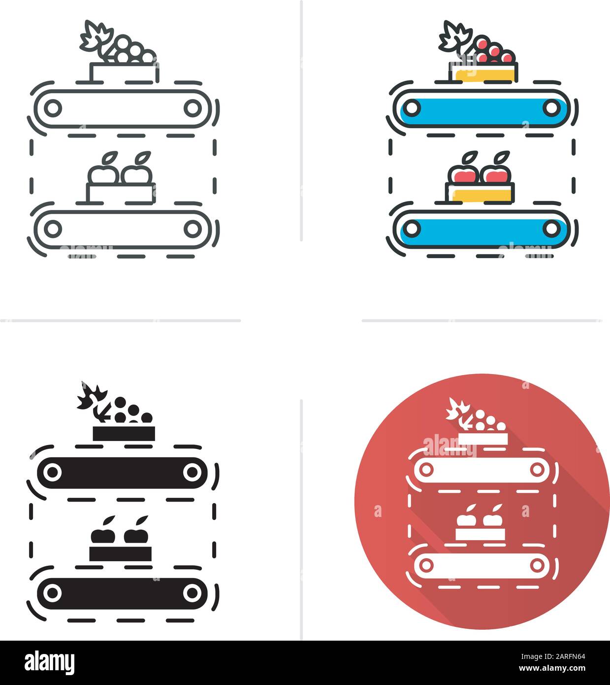 Fruit production icon. Apples and grape in crates on conveyor belt ...