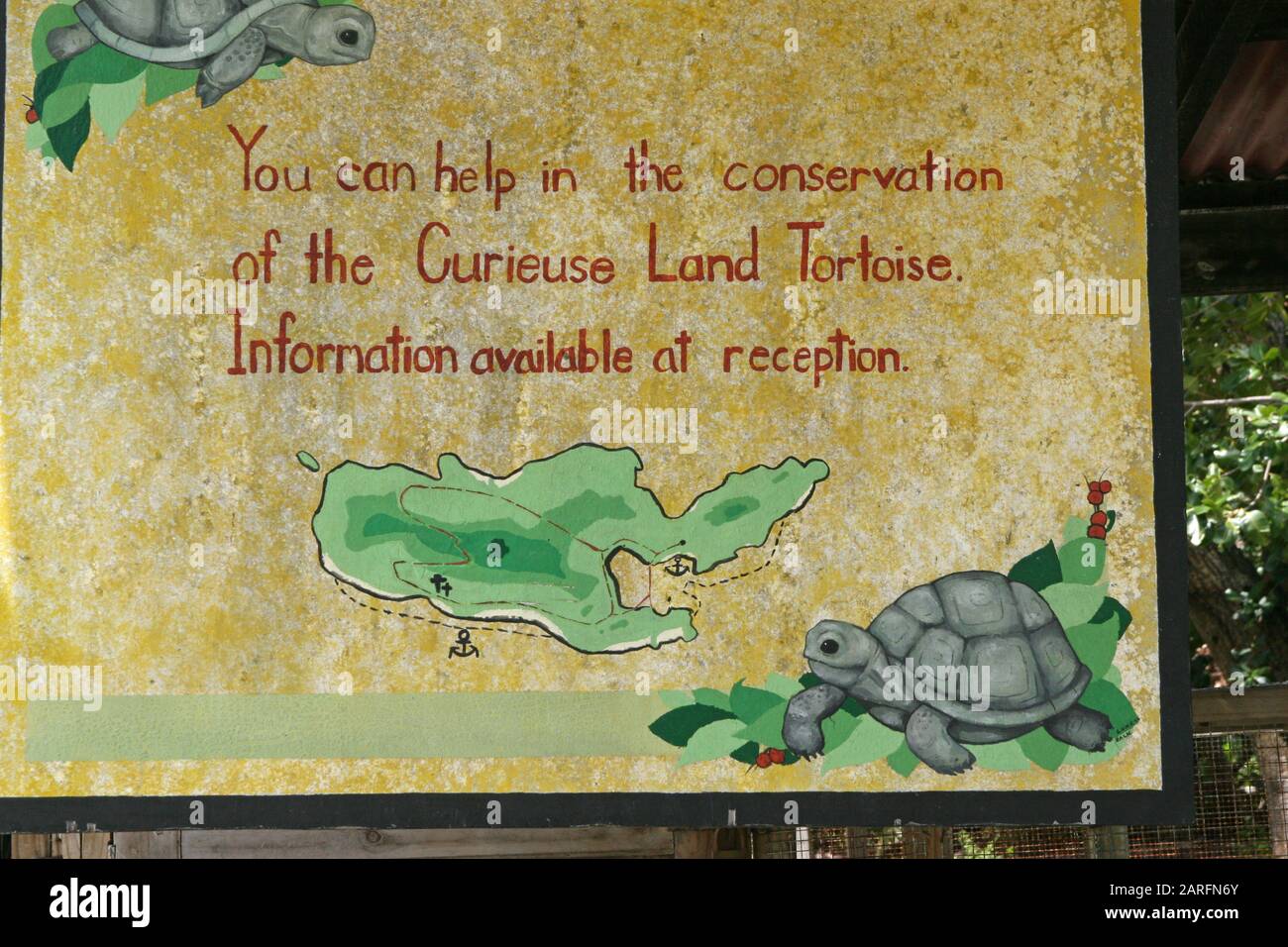 Conservation information sign for giant tortoises indicating reception ...