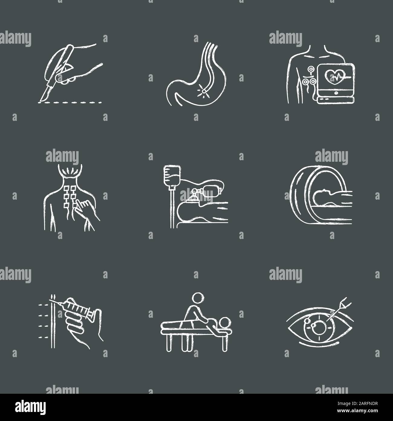 Medical procedure chalk icons set. Surgery. Endoscopy ...