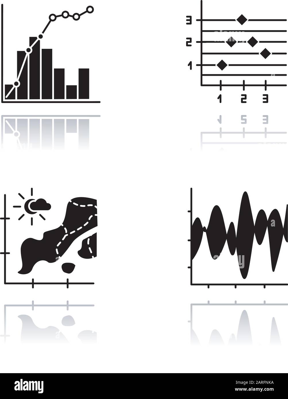 Chart and graph drop shadow black glyph icons set. Temperature map ...