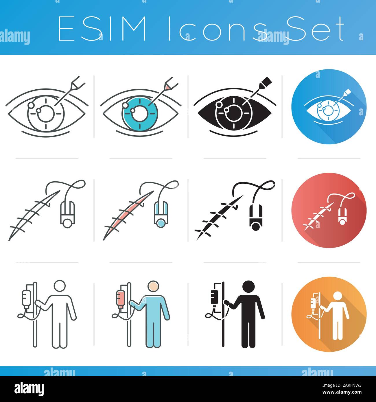 Medical procedure icons set. Vision correction. Surgical stitching ...