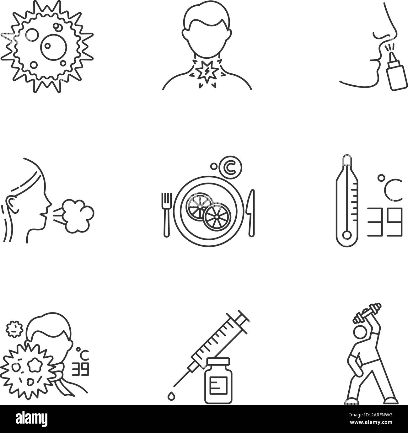 Common cold linear icons set. Virus infection. Sore throat. Drip nose ...