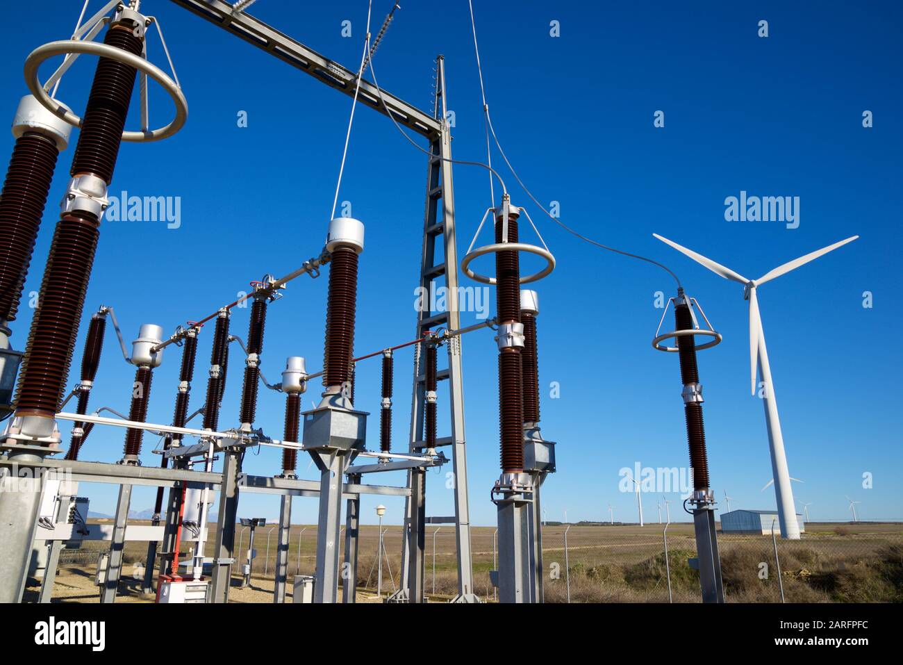 Windmills and electrical substation, Huesca province, Aragon in Spain ...