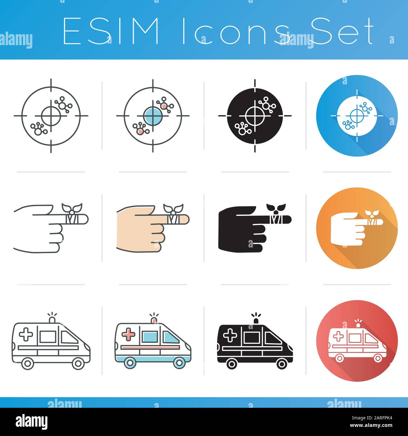 Medical procedure icons set. Immunotherapy. Bandaging finger. Emergency ...