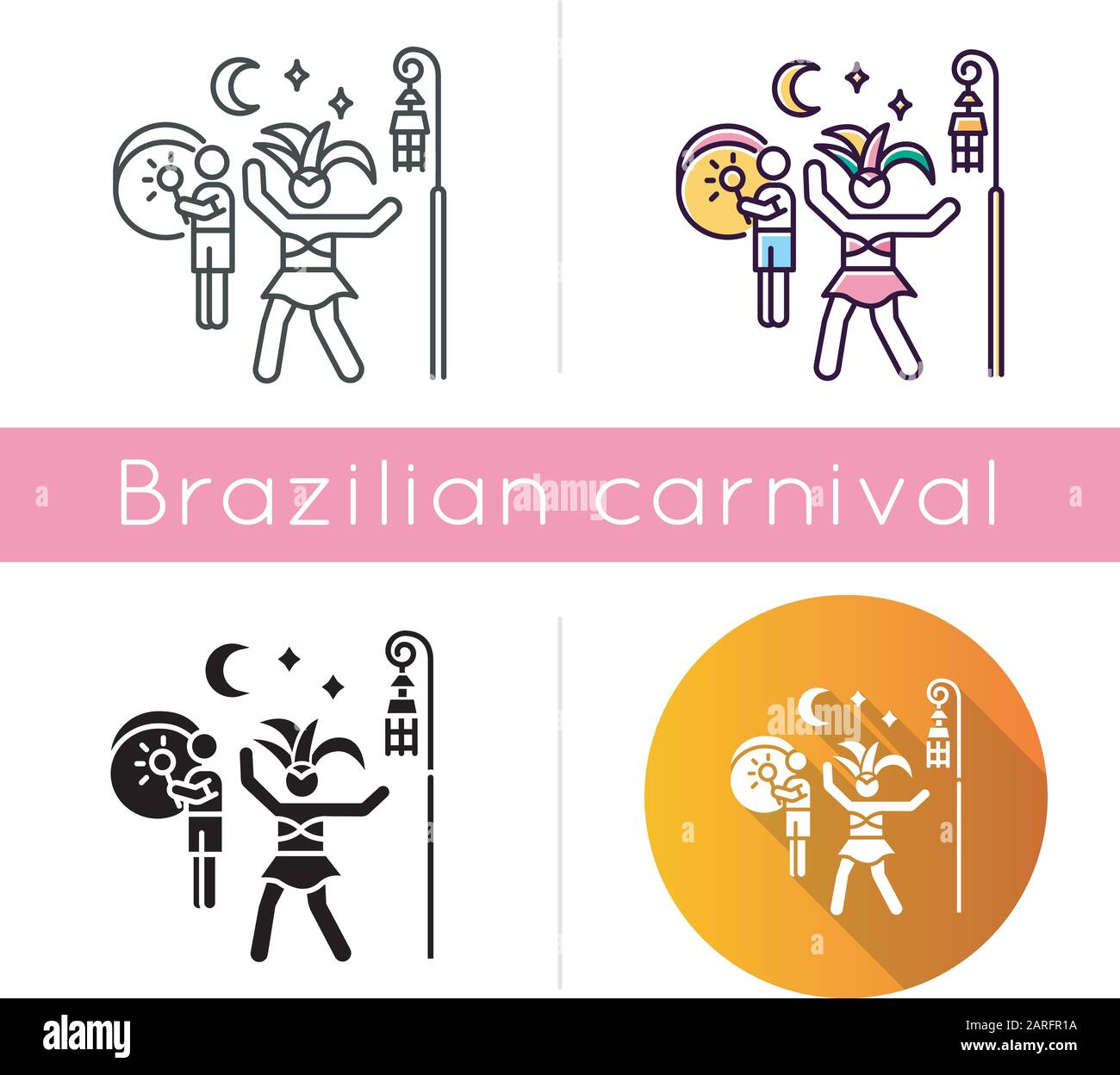 Samba icons set. Linear, black and RGB color styles. Brazilian carnival ...