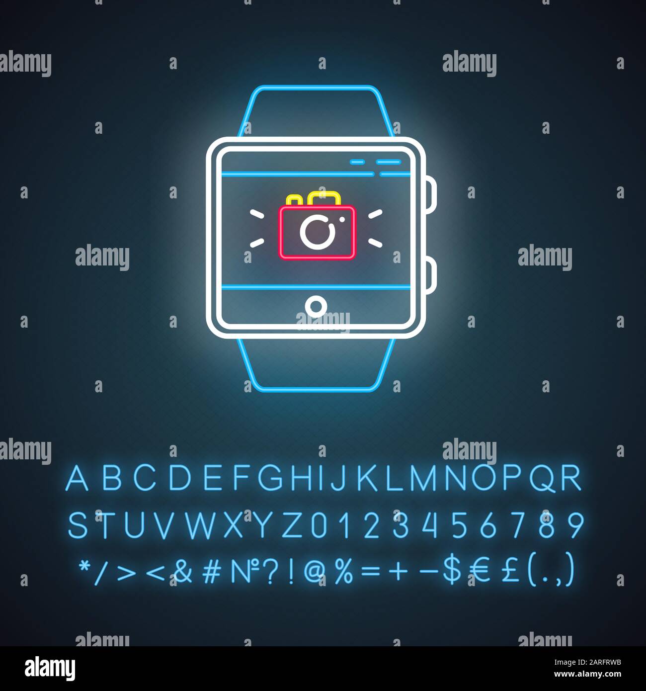 Camera fitness wristband function neon light icon. Synchronization with ...