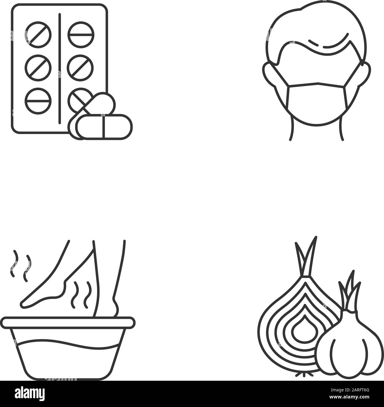 Common cold linear icons set. Pills and medication. Protection mask ...