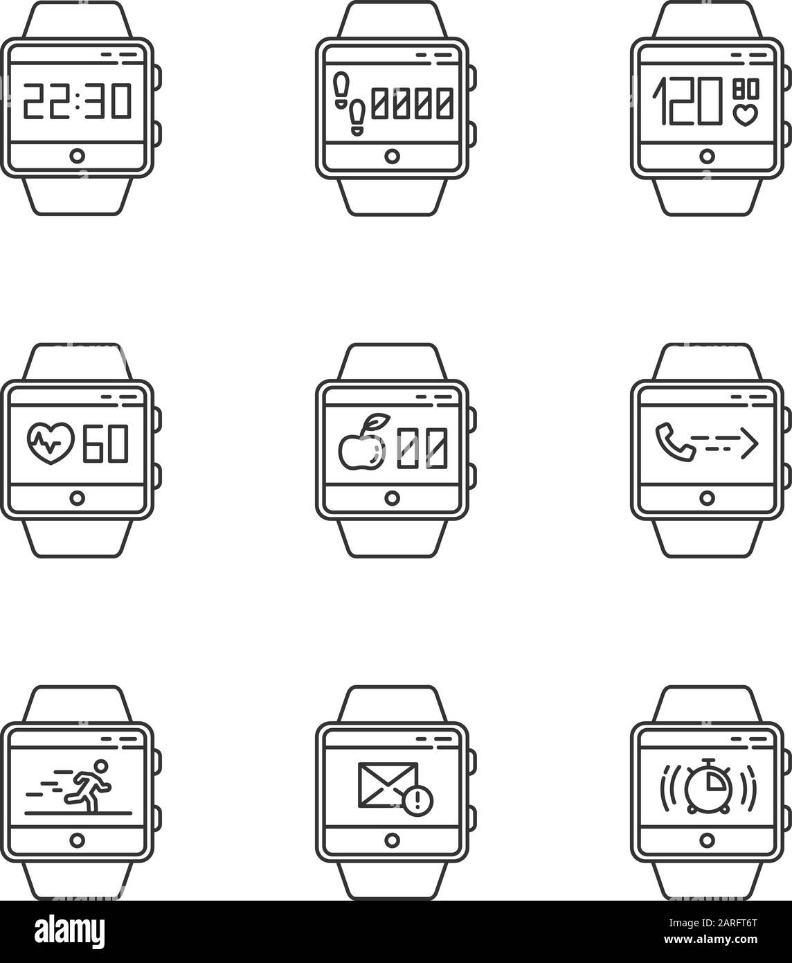 Fitness tracker functions linear icons set. Smartwatch wellness ...