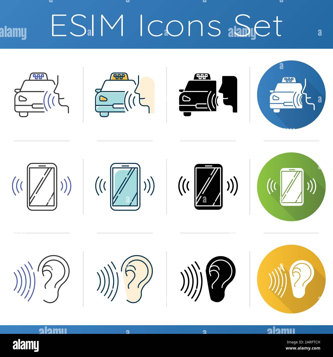 Audio Control Program Icons Set Cab Call App Ringing Smartphone Soundwave Voice Controlled