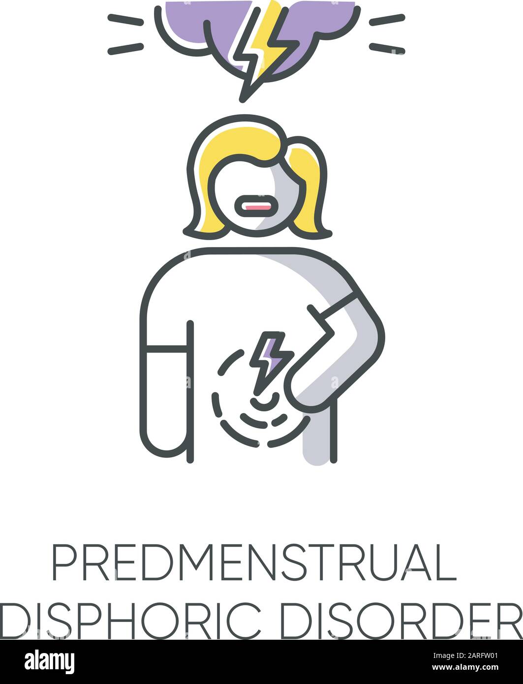Predmenstrual dysphoric disorder color icon. Menstrual cramp. Woman in ...