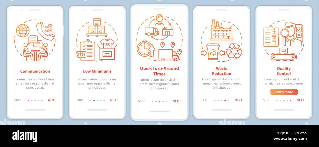Advantages of local production onboarding mobile app page screen vector template. Walkthrough ...