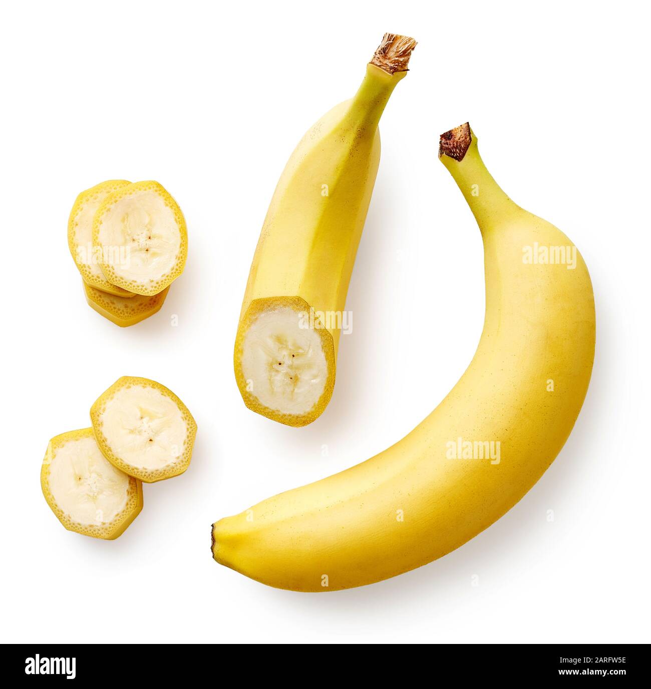 Fresh whole, half and sliced banana isolated on white background, top ...