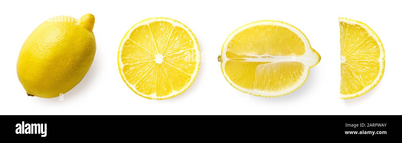 Fresh whole, half and sliced lemon isolated on white background, top ...