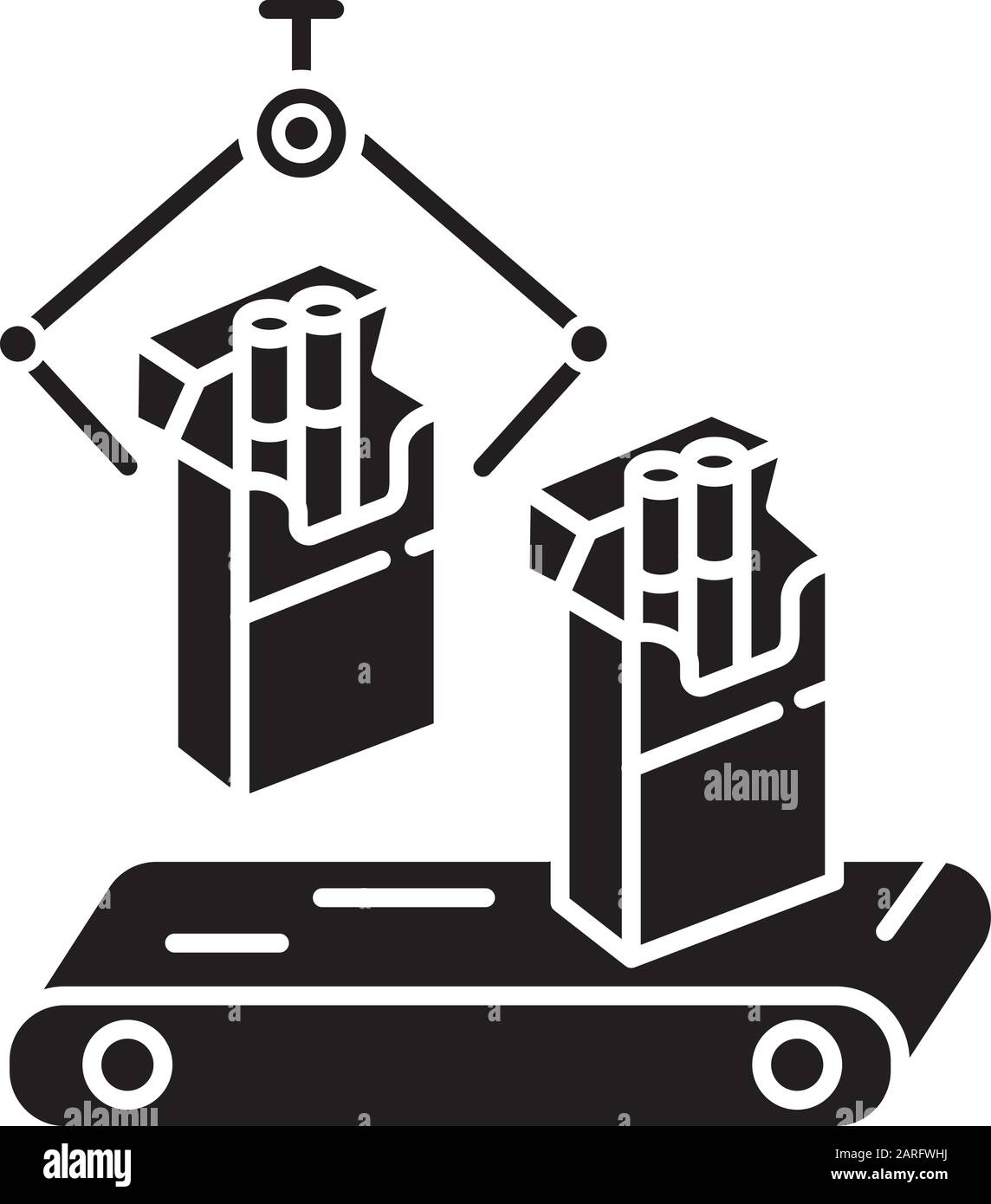 Tobacco industry glyph icon. Conveyor automatic cigarette production ...