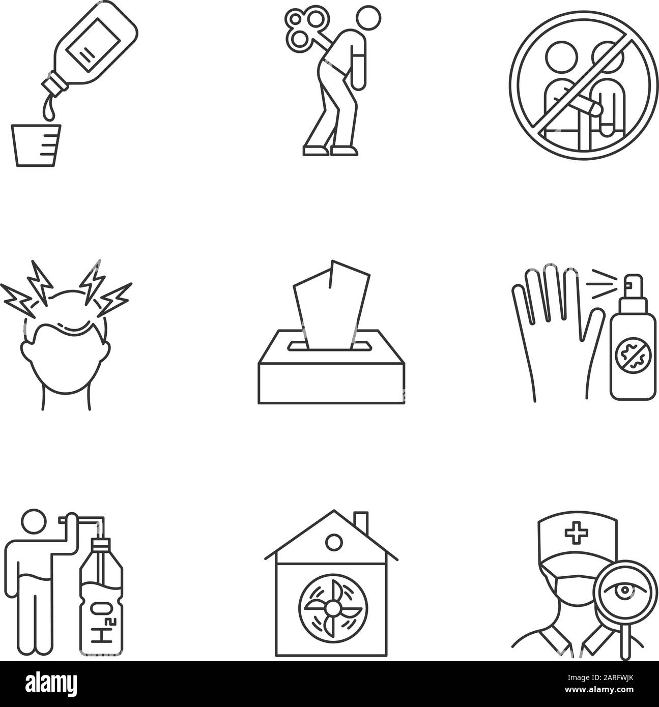 Common cold linear icons set. Fatigue. Avoid contact. Headache. Tissue ...