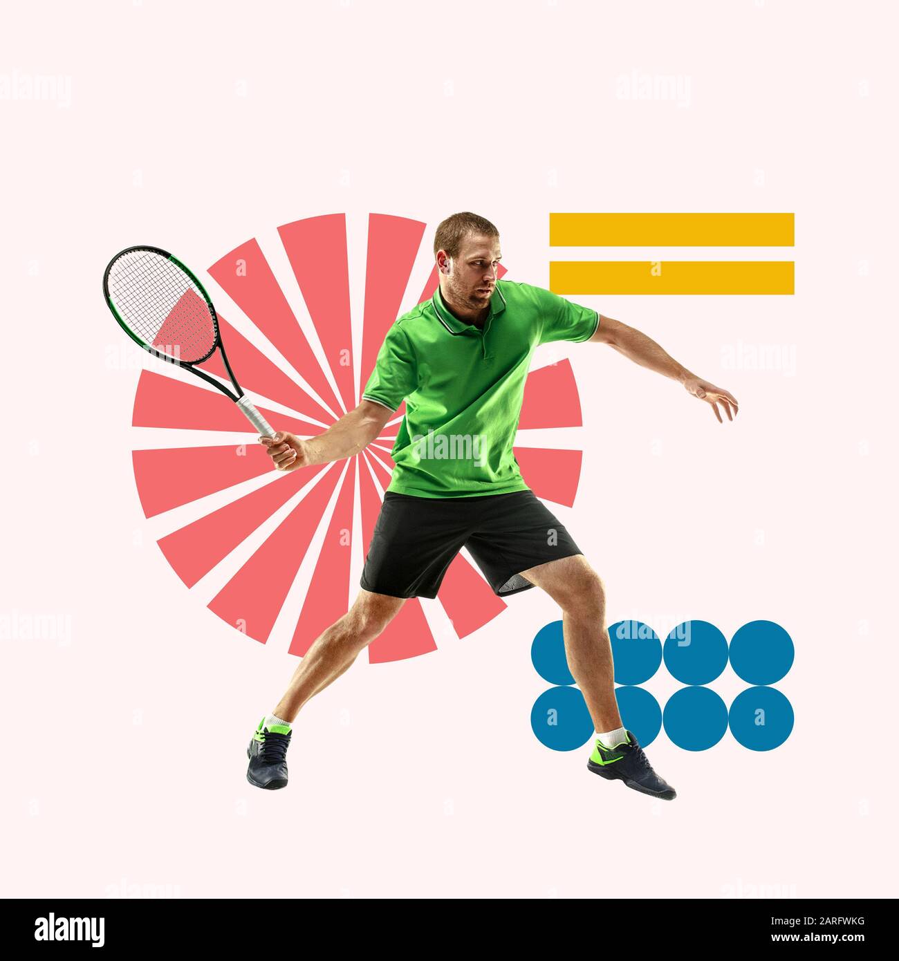 Creative sport and geometric style. Tennis player in action, motion on ...