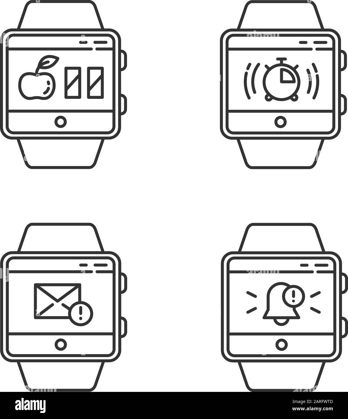 Fitness tracker functions linear icons set. Smartwatch wellness ...