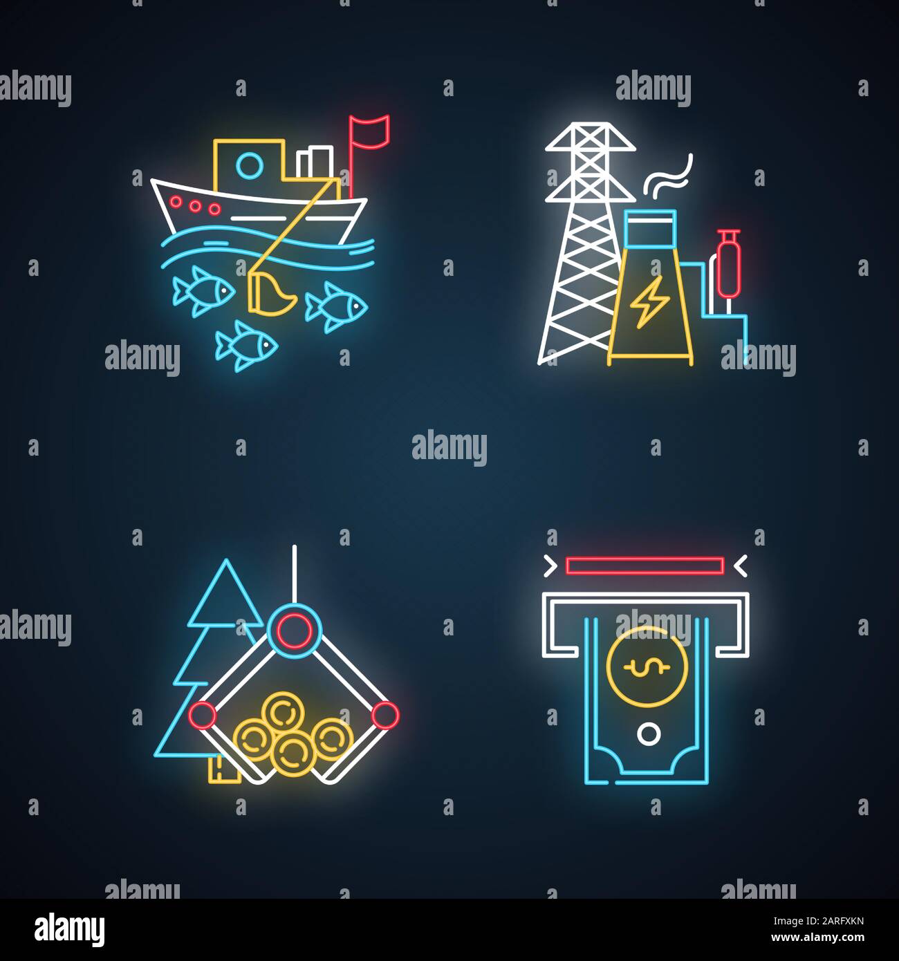 Industry types neon light icons set. Fishing, energy, timber, financial ...