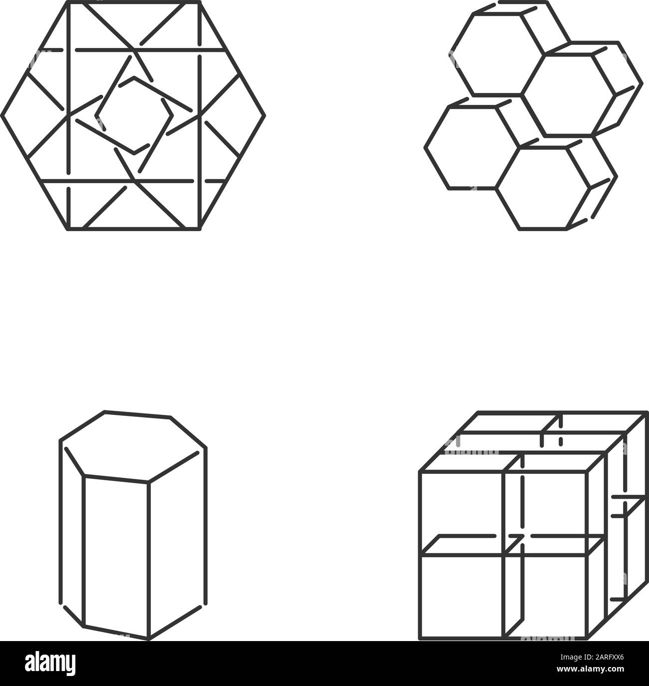 Geometric figures linear icons set. Hexagon, combs. Prism model. Cube ...