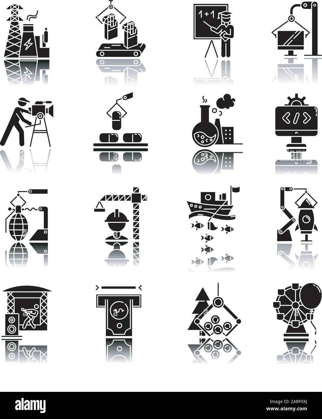Industry types drop shadow black glyph icons set. Goods and services ...