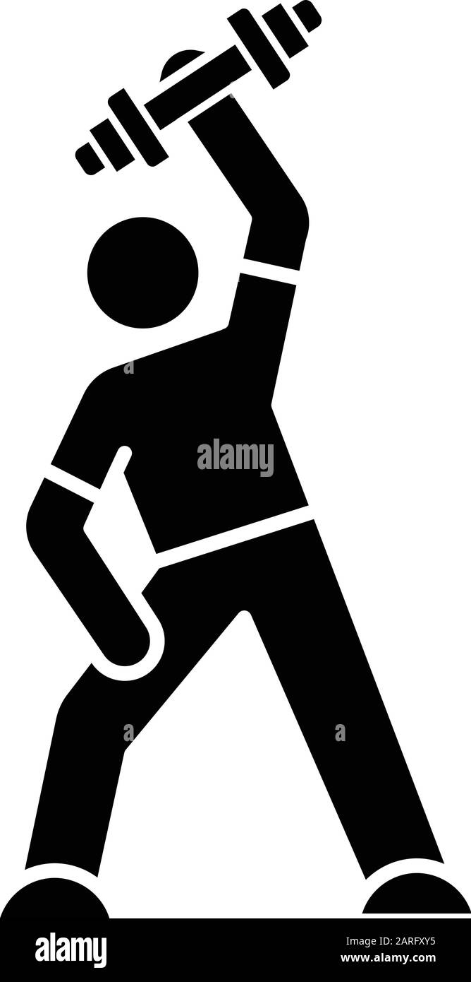 Exercise glyph icon. Man workout. Gym activity. Athlete with dumbell ...