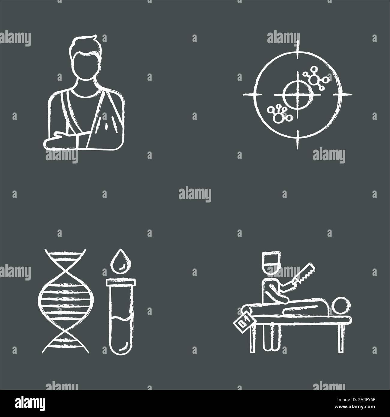 Medical procedure chalk icons set. Orthopedic cast. Fractured bone aid ...