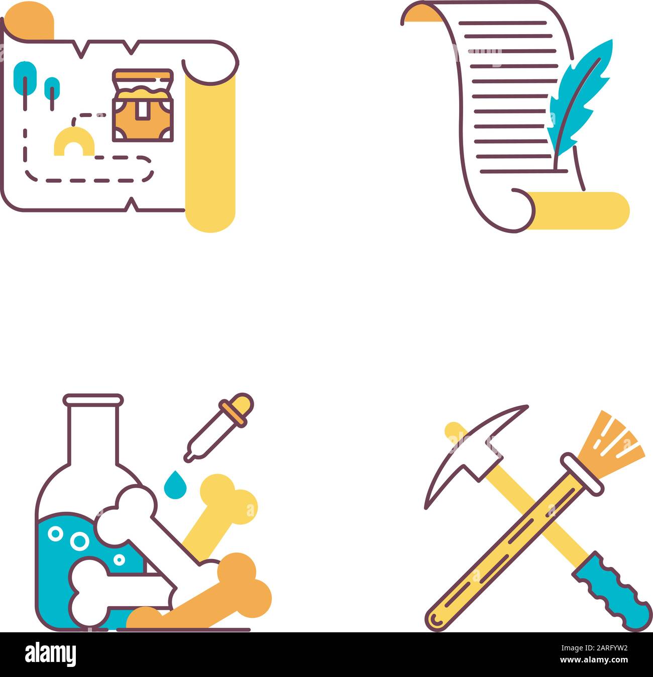 Archeology color icons set. Treasure map. Ancient manuscript ...