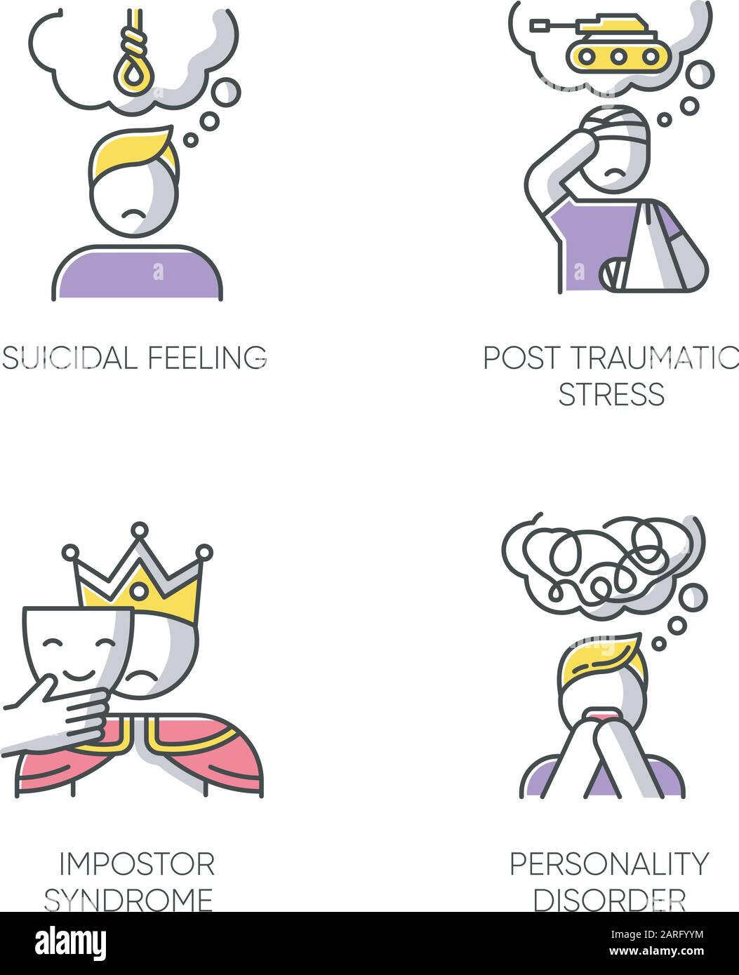 Mental disorder color icons set. Suicidal feeling. Post traumatic ...