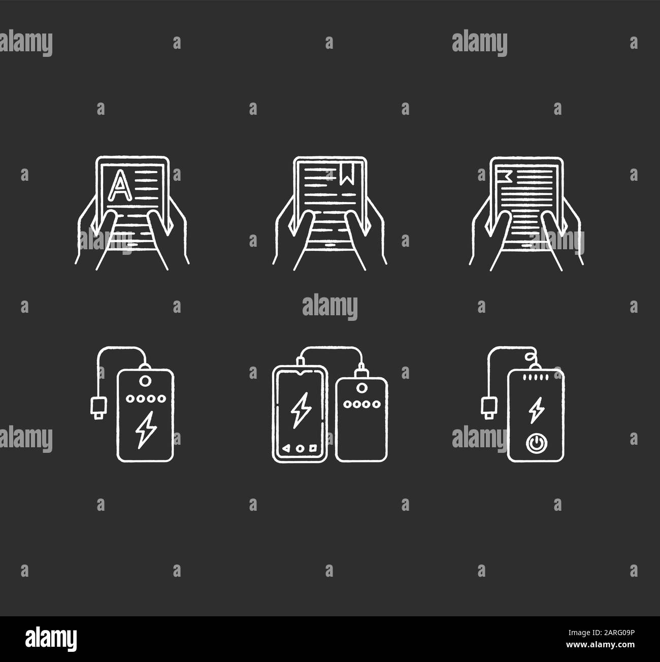 Portable electronic devices chalk white icons set on black background ...