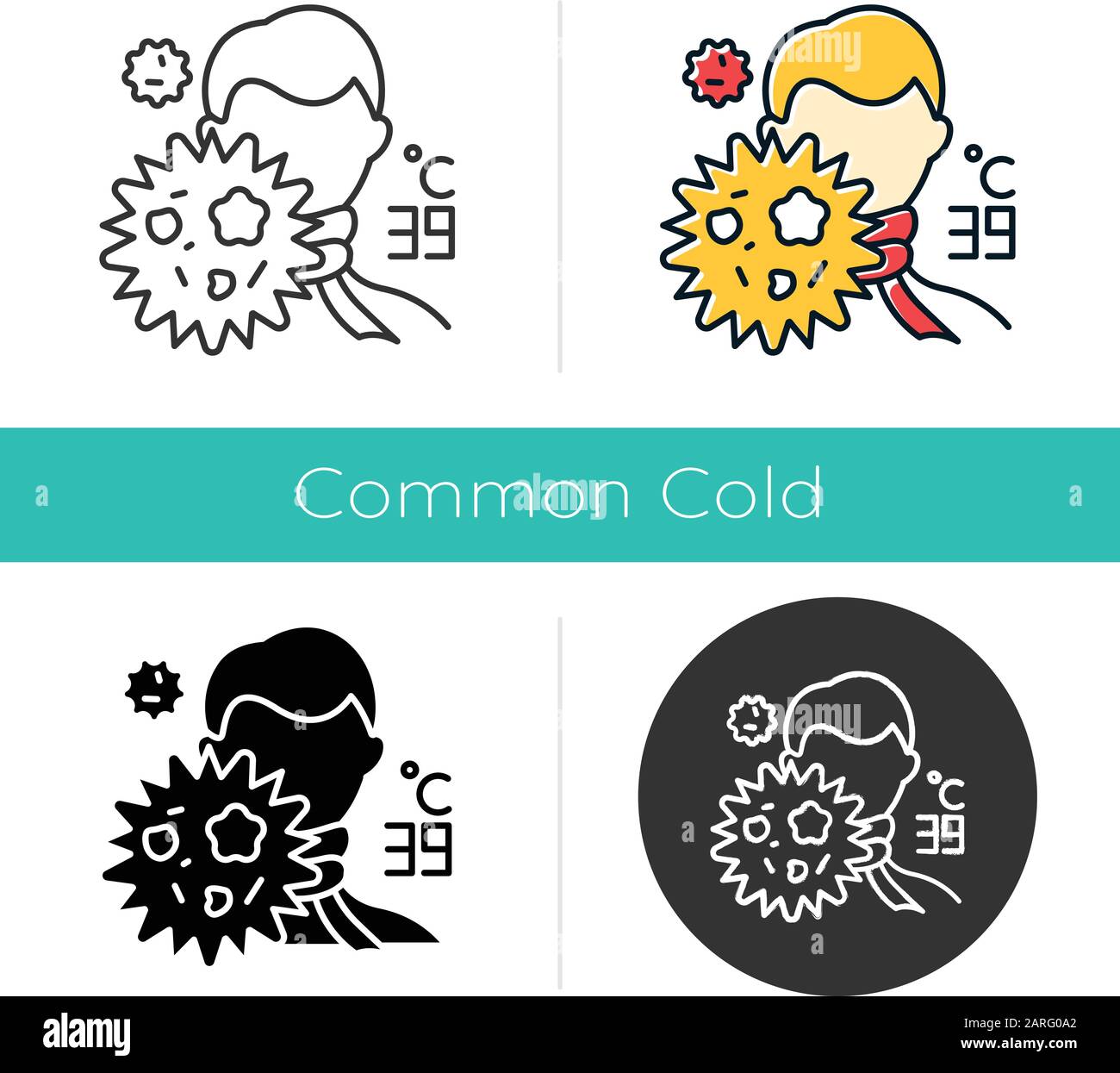 Influenza virus icon. High temperature. Man with fever. Common cold ...