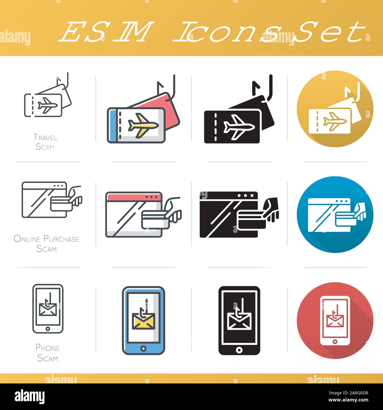 Scam types icons set. Online purchase fraudulent scheme. Travel fraud ...