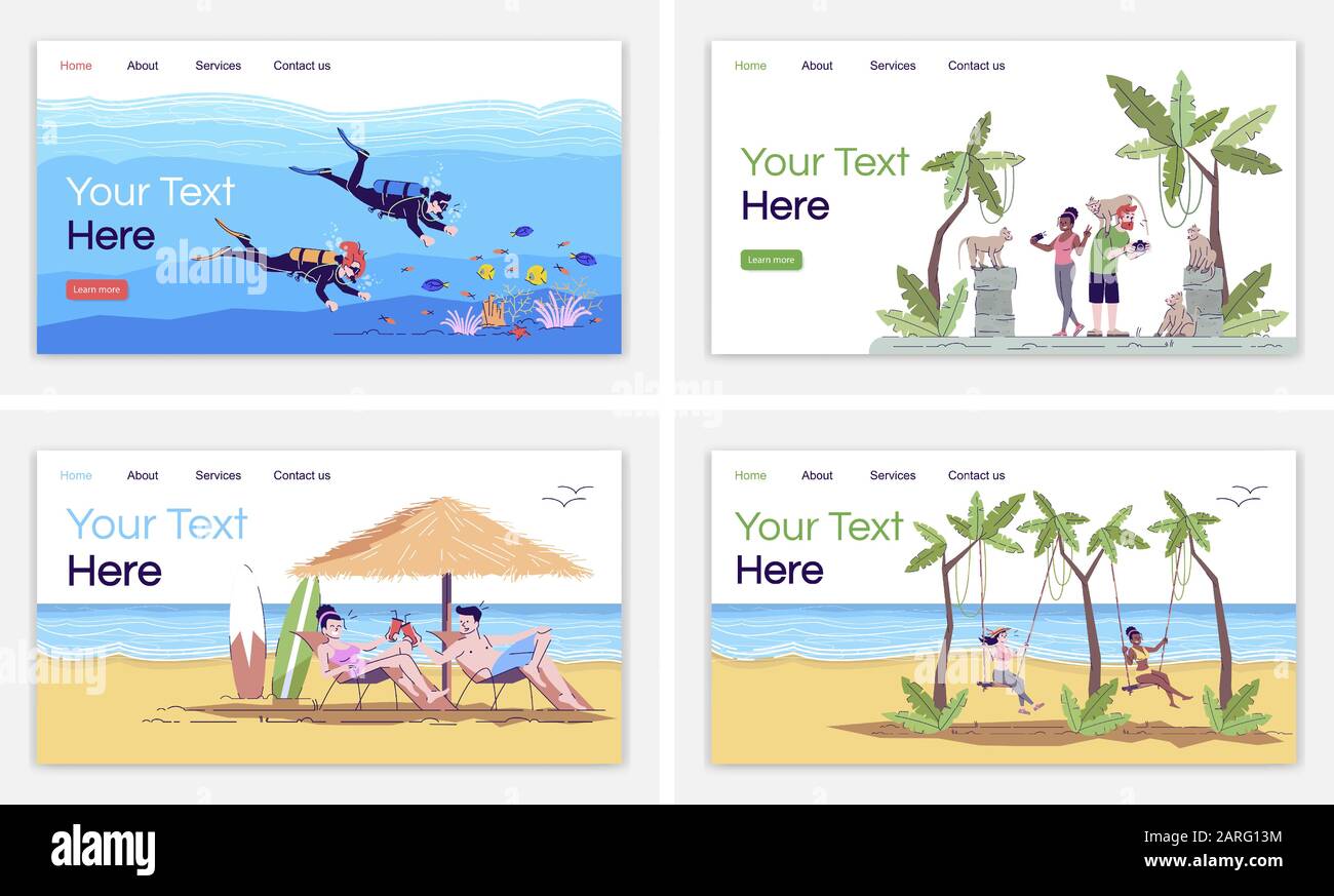 Indonesia tourism landing page vector template. Diving. Monkey forest ...