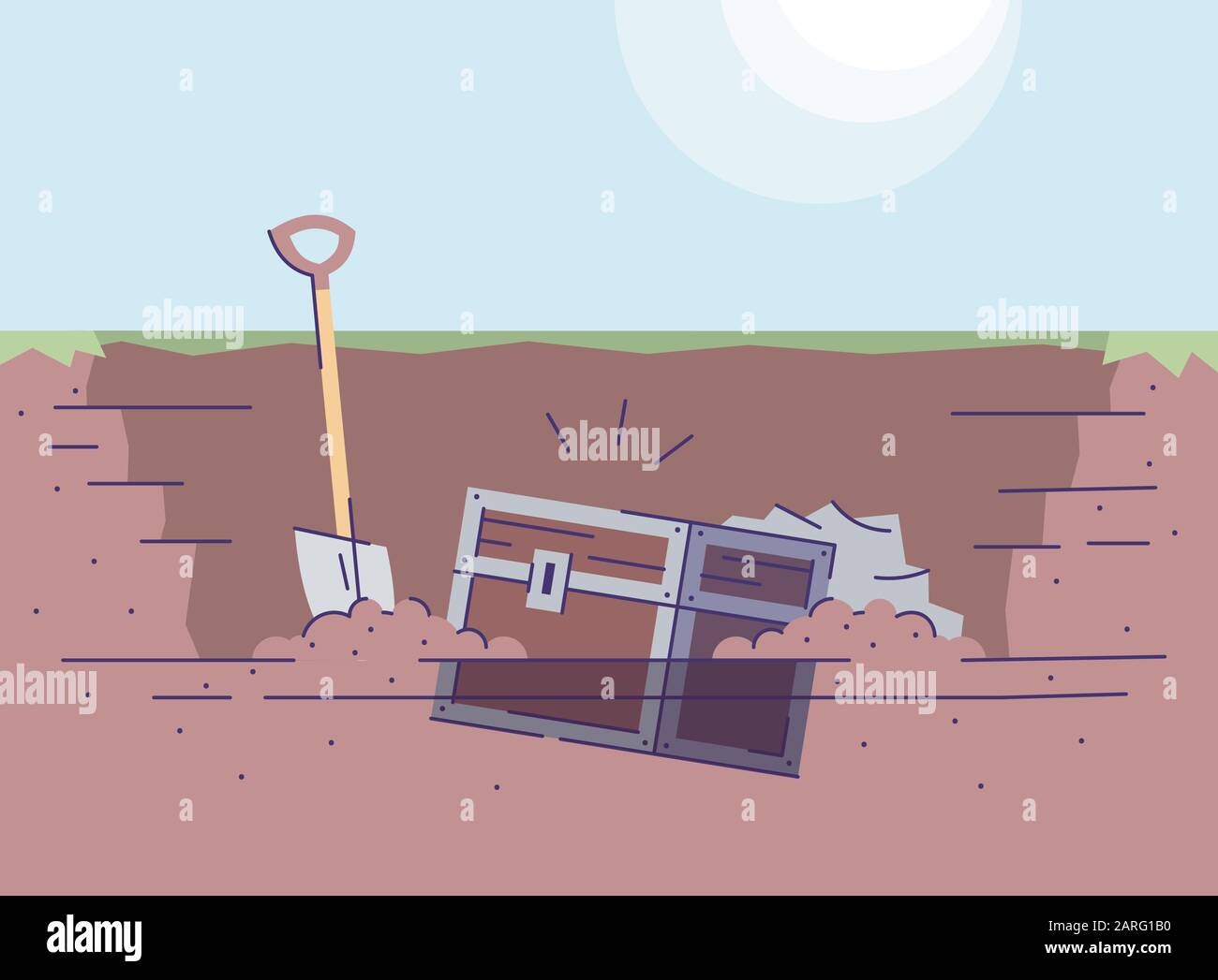 Digging up treasure chest flat vector illustration. Archaeological ...