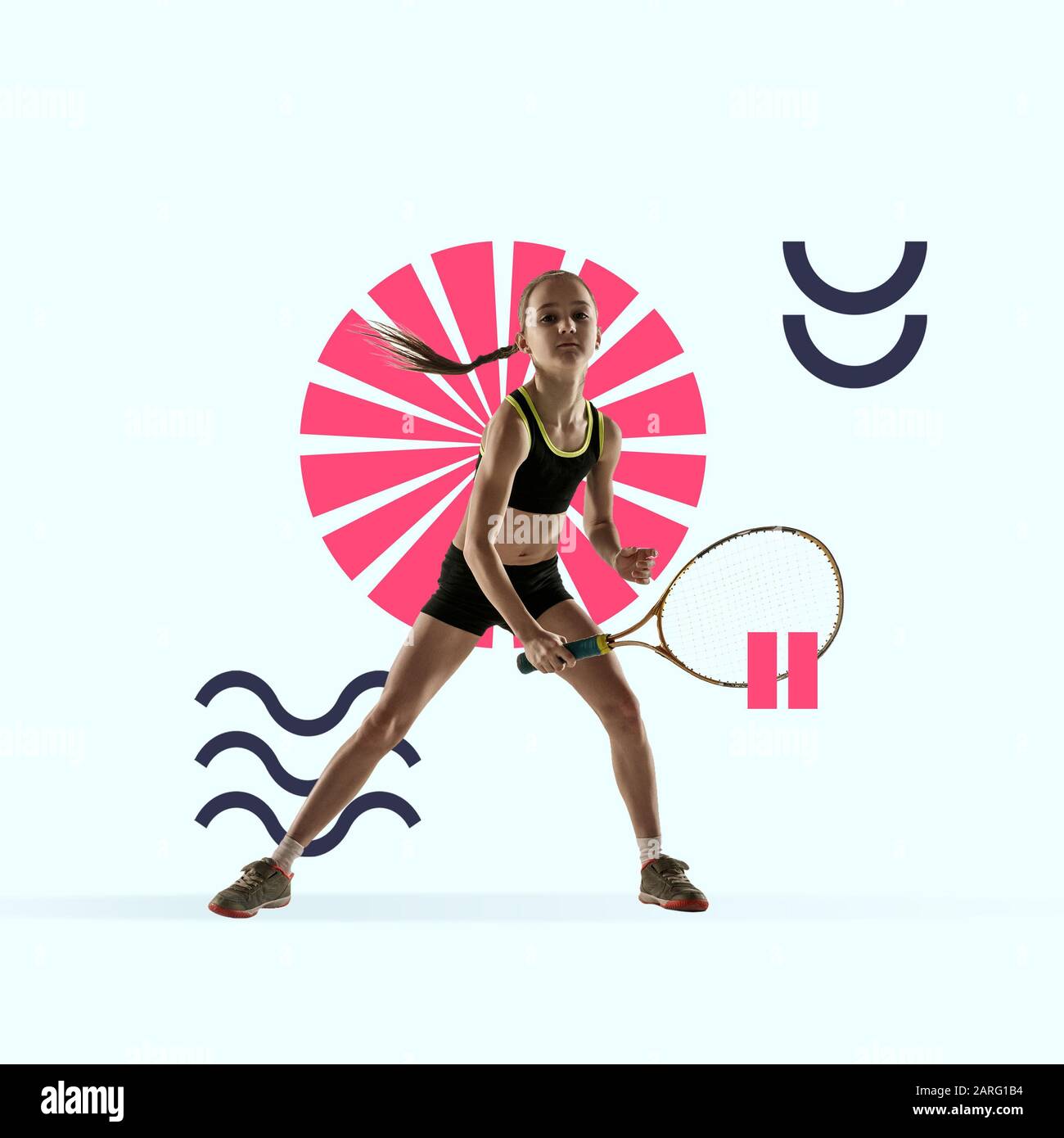 Creative sport and geometric style. Tennis player in action, motion on ...