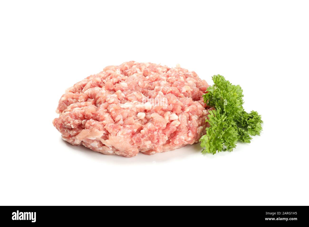Tasty minced meat and curly parsley isolated on white background Stock ...
