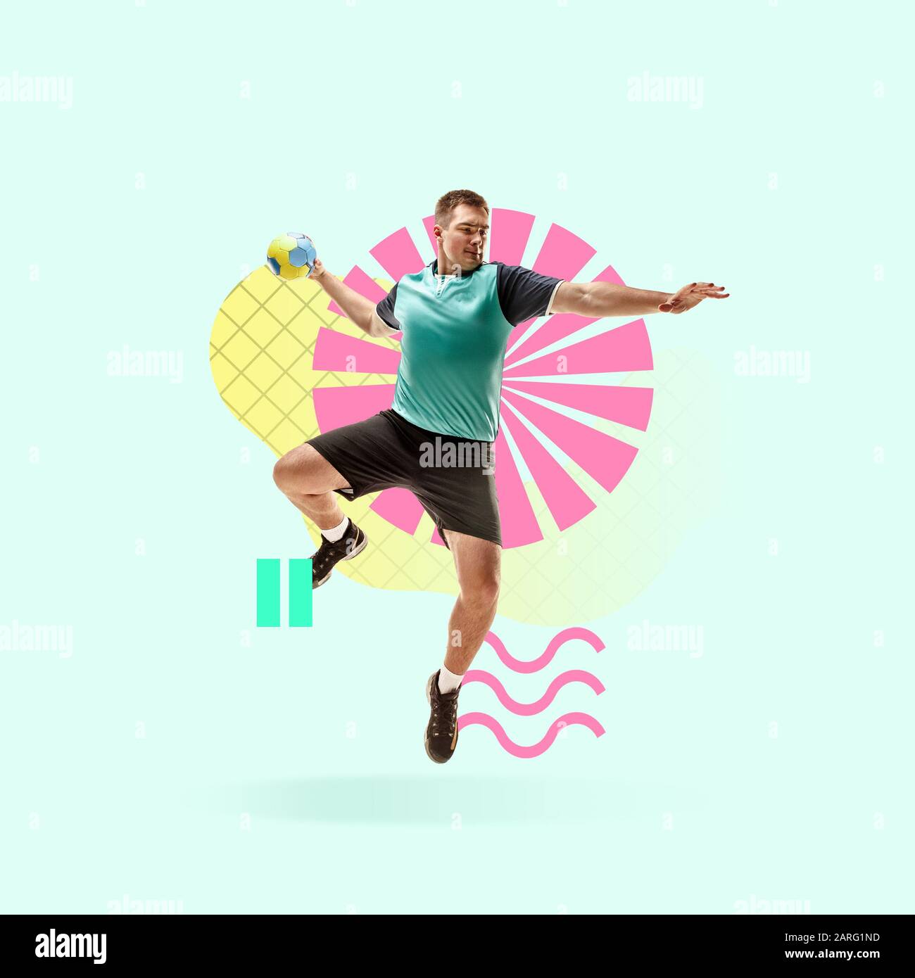 Creative sport and geometric style. Handball player in action, motion ...
