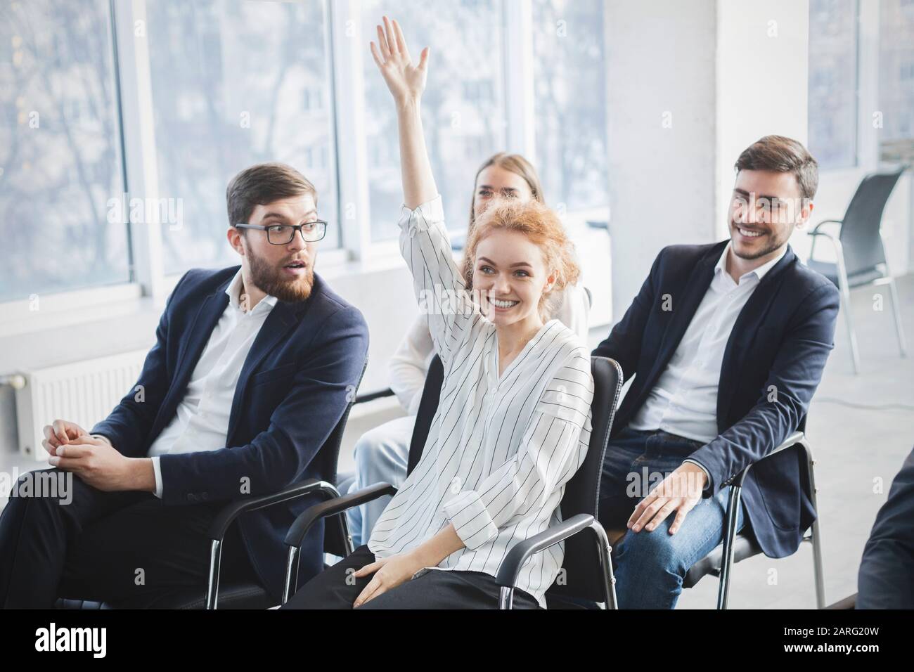 Woman raising hand question hi-res stock photography and images - Alamy