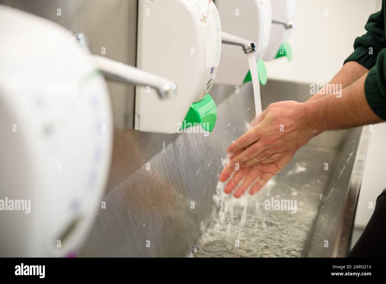 Hand Hygiene and Food Safety. Factory worker washing hands, coronavirus ...